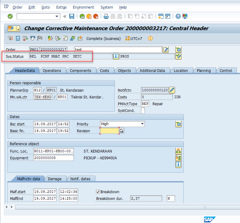System Status Combination – SINAU SAP PM MODULE